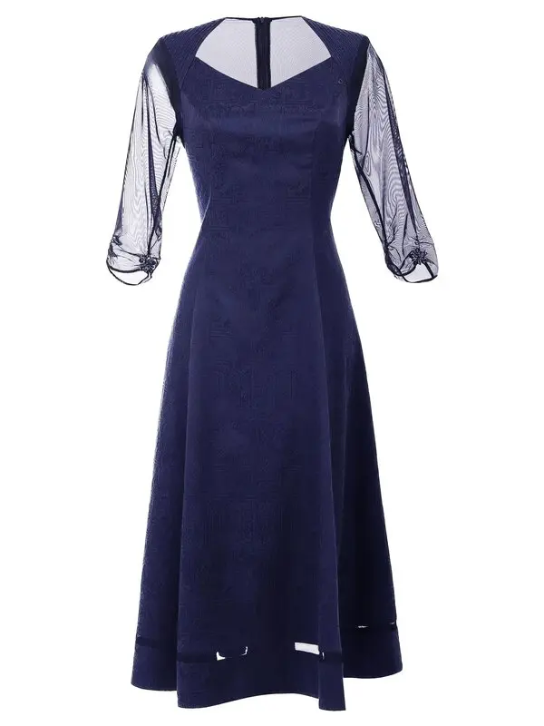 LUNA FASHION HOUSE Navy Jacquard Midi Dress With Sheer Sleeves - Blue