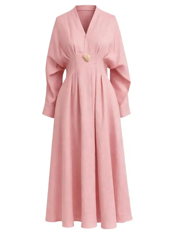 EXQUISE Garlyn Slim V-neck Long Sleeve Linen Midi Dress - Pink