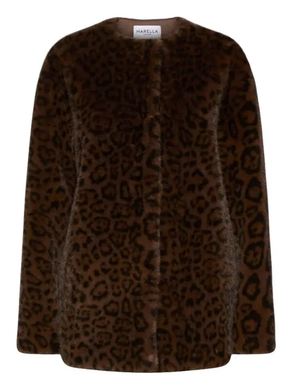 Marella Faux Fur Leopard Print Long Sleeve Coat - Brown