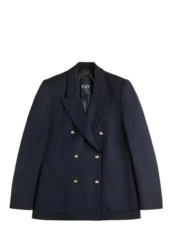 FAY Double-breasted Jacket In Mélange Flannel - Blue