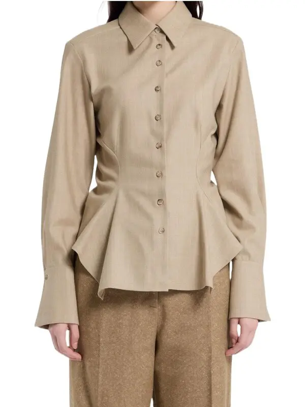 Marella Long Sleeve Shirt With Pleated Details - Light Brown