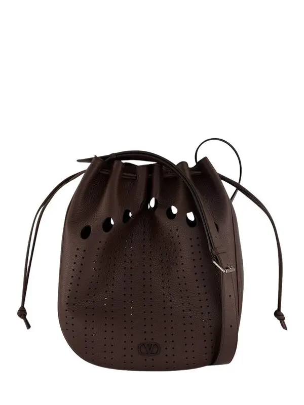 Valentino Garavani Vlogo Signature Perforated Drawstring Shoulder Bag - Dark Brown