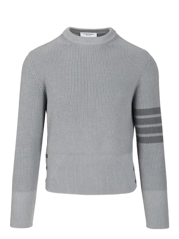 Thom Browne Grey Cotton Ribbed Sweater With Signature Stripes - Gray