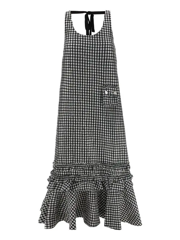 GANNI Crinkled Check Long Dress - Black