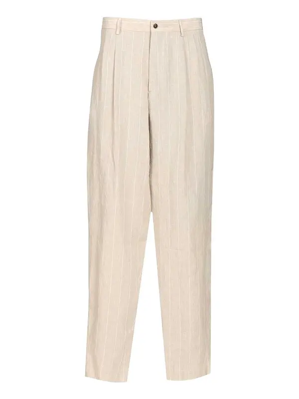 Giorgio Armani Double Pleated Pinstriped Linen Trousers - Cream