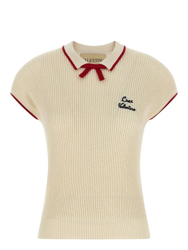 Valentino Garavani Ribbed Cotton Blend Top With "chez " Embroidery - Cream