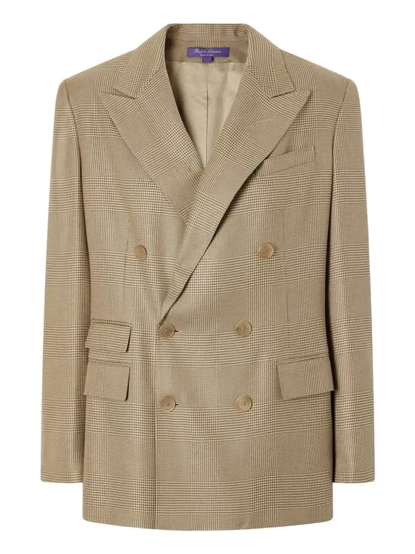 Ralph Lauren Glen Double-breasted Prince Of Wales Checked Silk Blazer - Camel