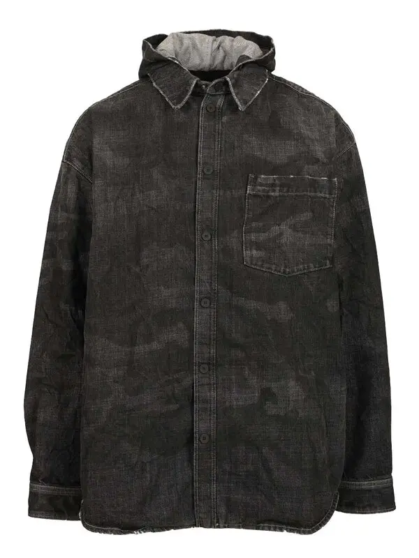 Balenciaga Distressed Denim Parka With Embroidered Logo - Black