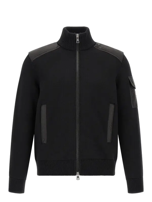 Moncler Ribbed Wool Zip-up Cardigan With Technical Inserts - Black