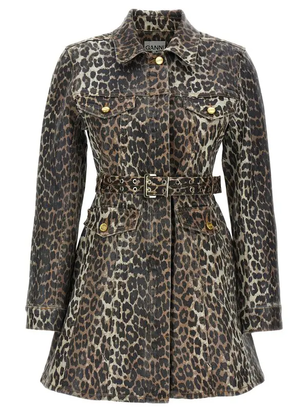 GANNI Leopard Print Denim Shirt Dress - Multicolor