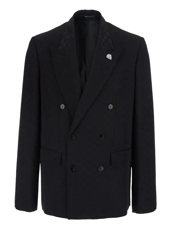 Gucci Black Double-breasted Jacket With Peak Lapel And Gg Motif - Multicolor