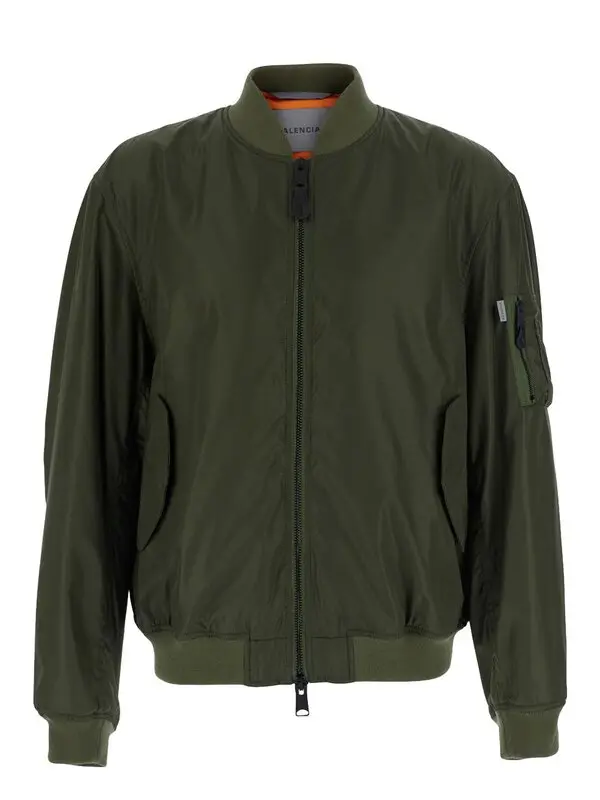 Balenciaga Green Tech Fabric Bomber Jacket With Embossed Logo - Multicolor