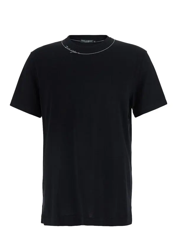 Dolce & Gabbana Crew Neck T-shirt With Logo Lettering On The Neck In Cotton For - Black