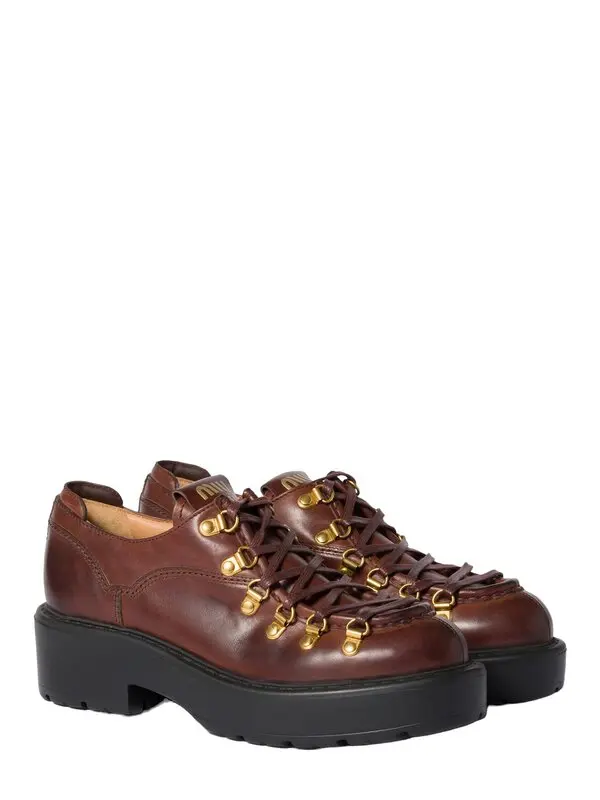 Miu Miu Leather Loafers With Metal D-rings And Lug Sole - Coffee