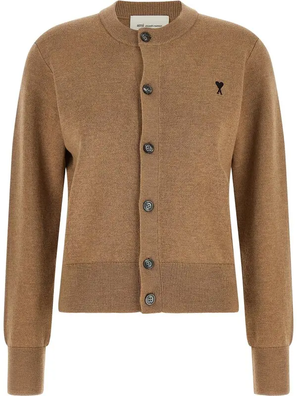 AMI Paris De Coeur" Crew Neck Cardigan - Cream