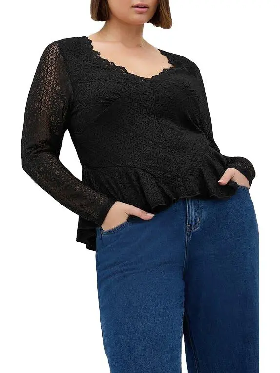 City Chic Lola Long Sleeve Lace Peplum Shirt - Black