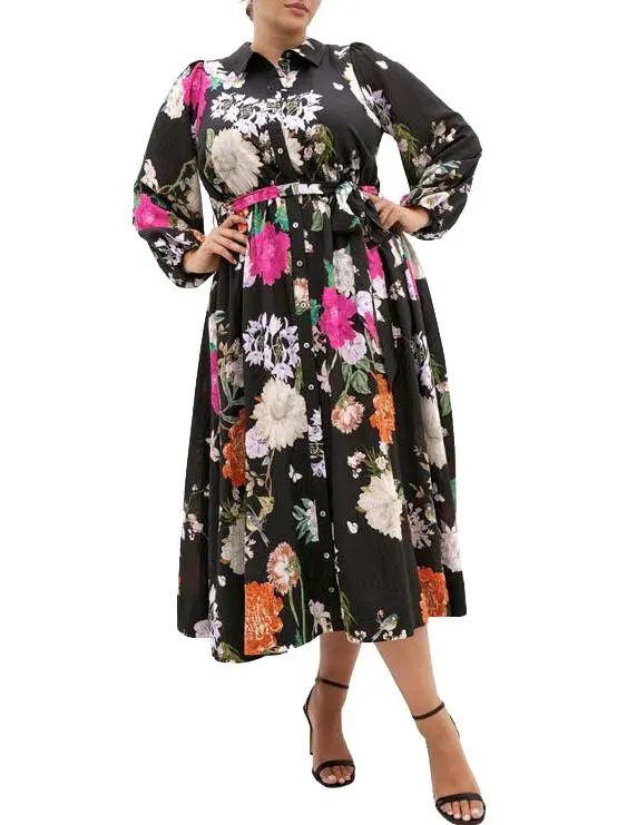 City Chic Mary Floral Print Long Sleeve Shirtdress - Blk Botanique