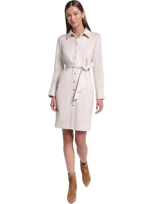 Halston Long Sleeve Suede Shirt Dress - Beige