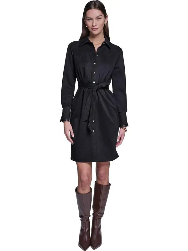 Halston Long Sleeve Suede Shirt Dress - Black
