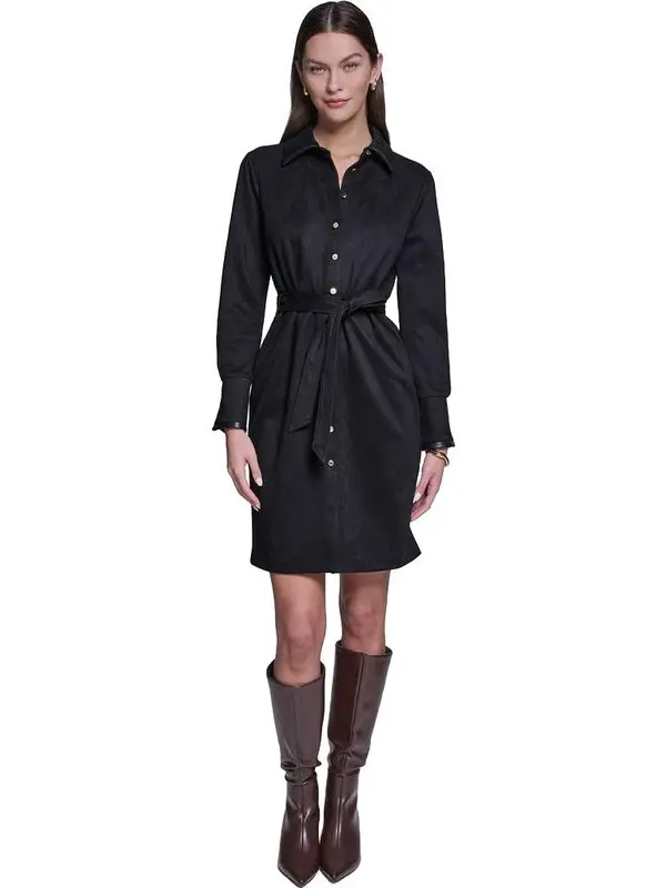 Halston Long Sleeve Suede Shirt Dress - Black