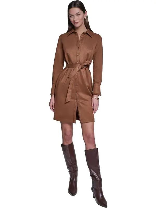 Halston Long Sleeve Suede Shirt Dress - Cognac