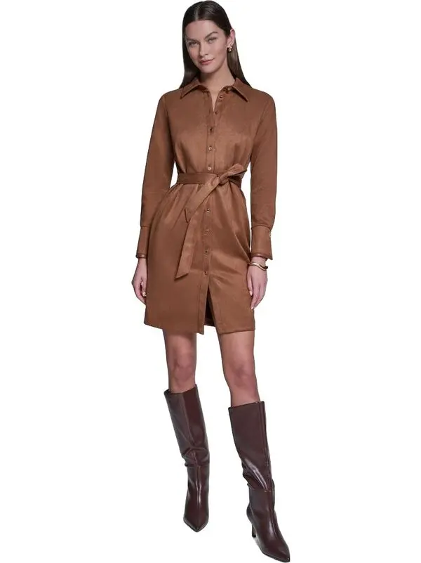 Halston Long Sleeve Suede Shirt Dress - Cognac
