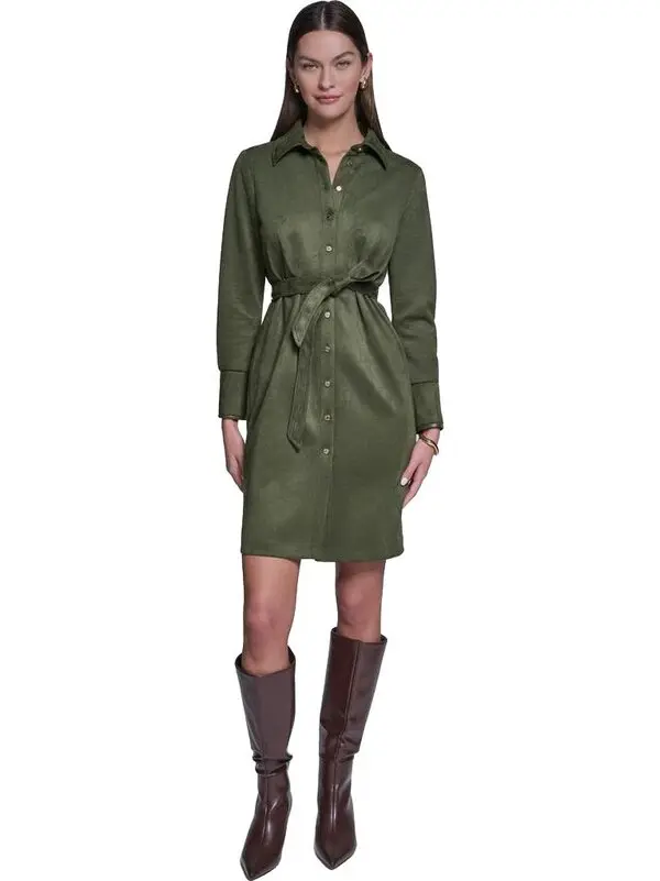 Halston Long Sleeve Suede Shirt Dress - Olive