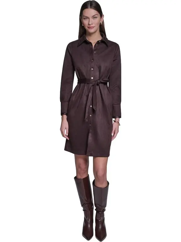 Halston Long Sleeve Suede Shirt Dress - Rich Mocha