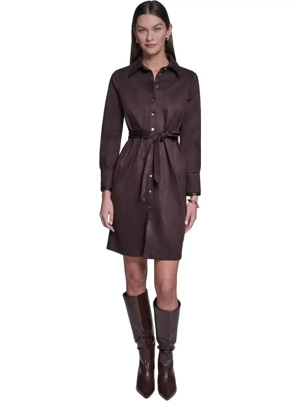 Halston Long Sleeve Suede Shirt Dress - Rich Mocha