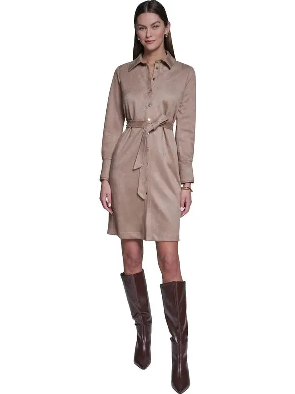 Halston Long Sleeve Suede Shirt Dress - Spiced Almond