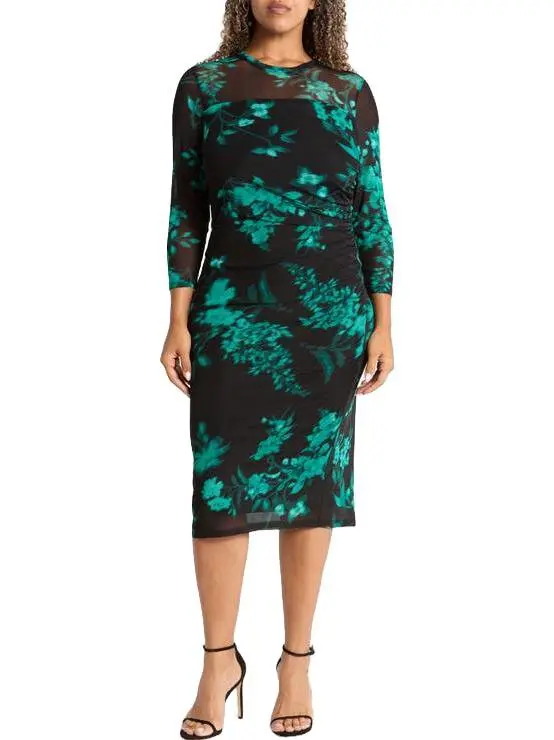 Anne Klein Printed Mesh Midi Dress - Deep Jade Multi
