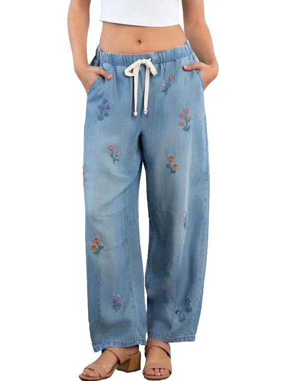 BILLY T Embroidered Floral Barrel Leg Pants - Washed Blue