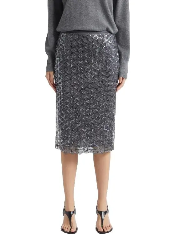 Marella Sequin Trellis Lace Hem Pencil Skirt - Medium Grey
