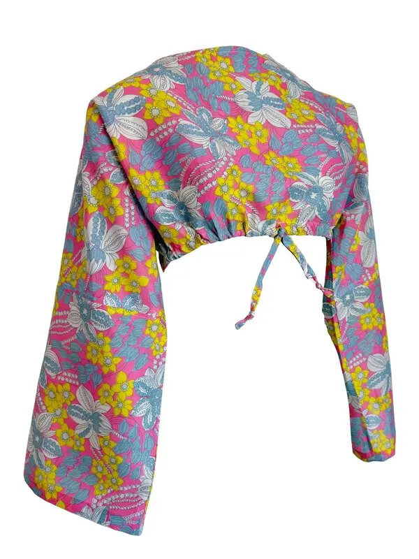 COUTURE TO YOUR DOOR Japanese Style Floral Cropped Kimono Top - Pink/yellow