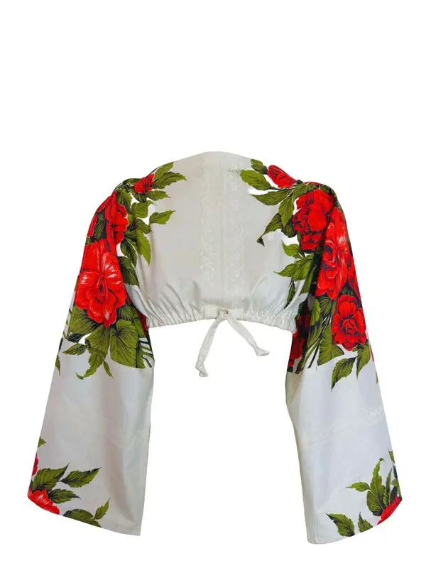 COUTURE TO YOUR DOOR Upcycled Floral Kimono Cropped Top - White/red