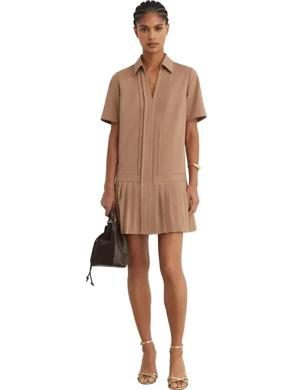 REISS Elena Pleated-skirt Collared Mini Dress - Camel