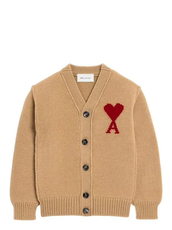 AMI Paris Brown Wool Cardigan With De Coeur Logo - Camel/red