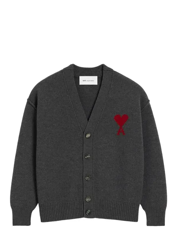 AMI Paris Grey Wool Cardigan With De Coeur Grey - Heather Grey/red