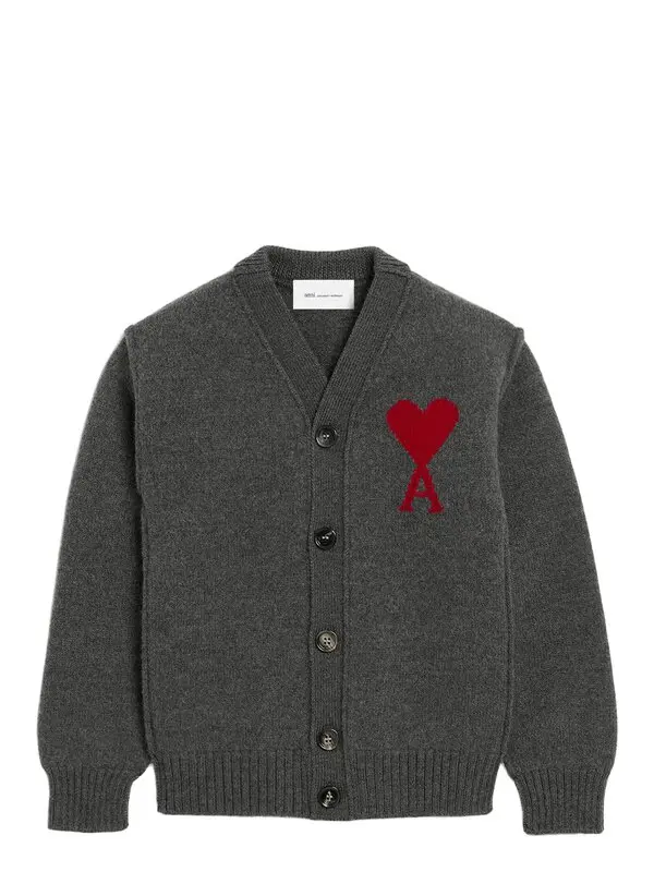 AMI Paris Grey Wool Cardigan With De Coeur Logo - Heather Grey/red