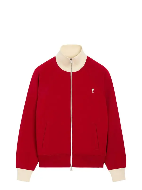 AMI Paris Zipped Cotton Sweatshirt With De Coeur Detail - Ruby Red/ivory