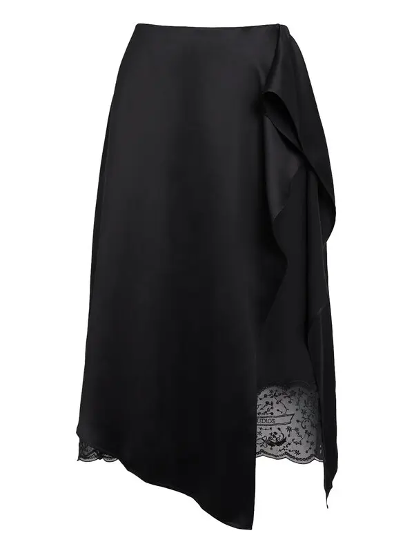 Acne Studios Layered Satin Midi Skirt With Lace Detail - Black