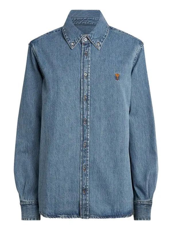 AMI Paris De Coeur Embroidered Denim Shirt - Blue
