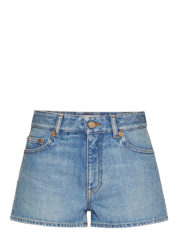 Valentino Garavani Logo Patch Straight Hem Denim Shorts - Blue