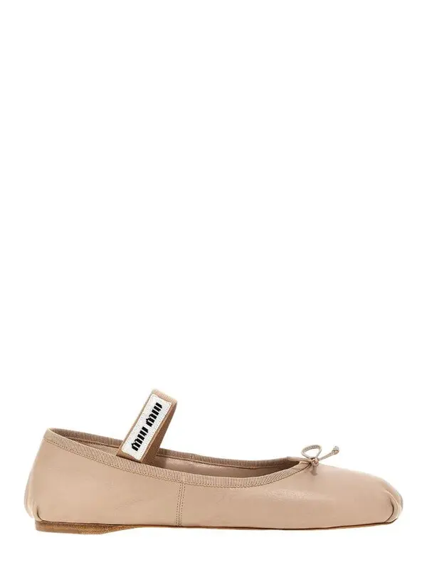 Miu Miu Logo-printed Bow Detailed Ballerina Shoes - Nude