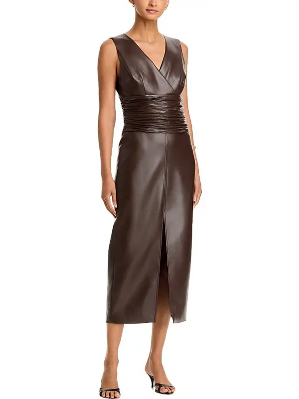 TOCCIN Fabiana Ruched Faux Leather Midi Dress - Espresso