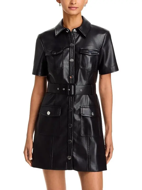 TOCCIN Lydia Belted Faux Leather Mini Dress - Jet