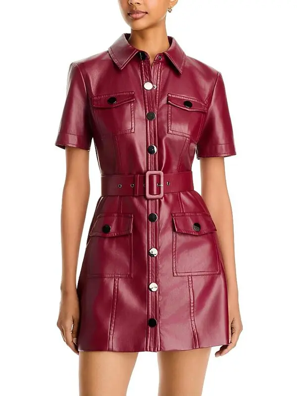 TOCCIN Lydia Belted Faux Leather Mini Dress - Oxblood