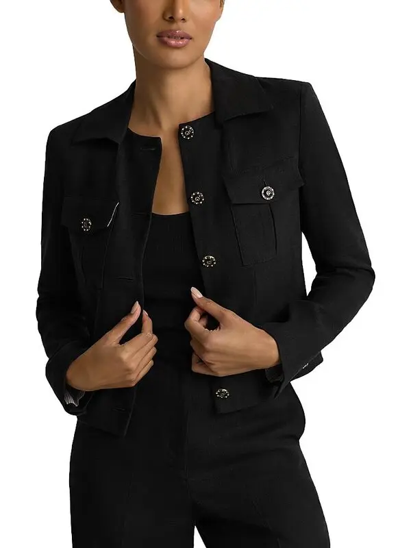 St. John Stretch Linen Blend Jacket With Button Details - Black
