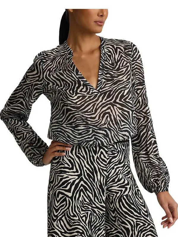 St. John Printed V Neck Tunic Top - Black/linen