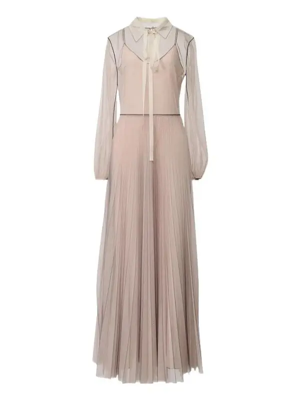 Fabiana Filippi Pleated Tulle Maxi Dress With Lace Collar - Beige